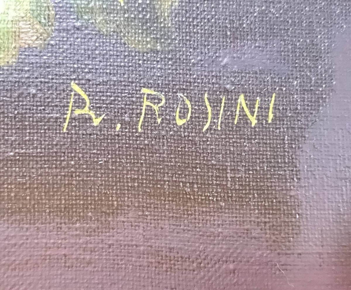 真作 油彩/イタリア出身画家 R.ROSINI ロッシーニ 仮題 花 直筆サイン/額縦60㎝横52㎝ マントヴァ リアリズム 写実的 肉筆絵画 ...
