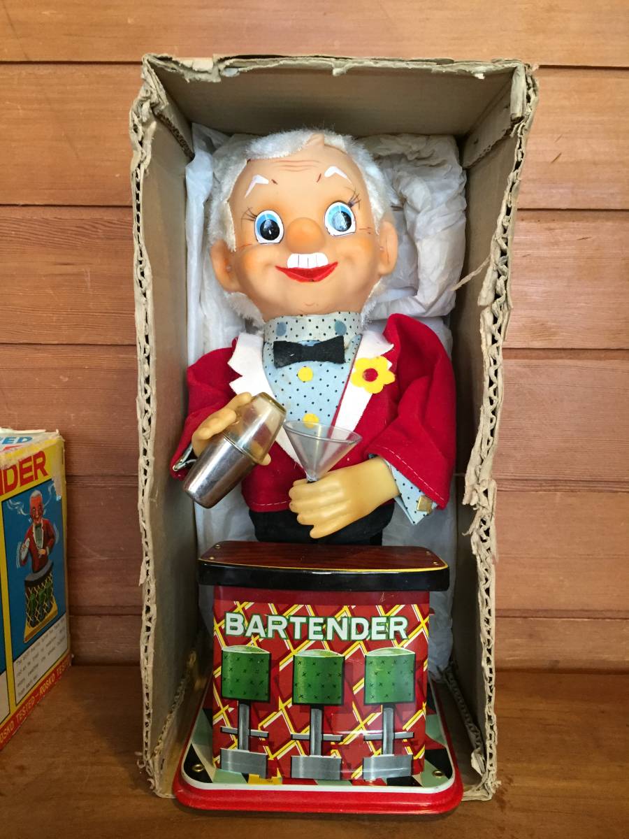 日本製 ブリキ＋ソフビ バーテンダー人形 ROSKO TESTED社 BARTENDER からくり ビンテージ人形 アンティーク人形(人間 ...
