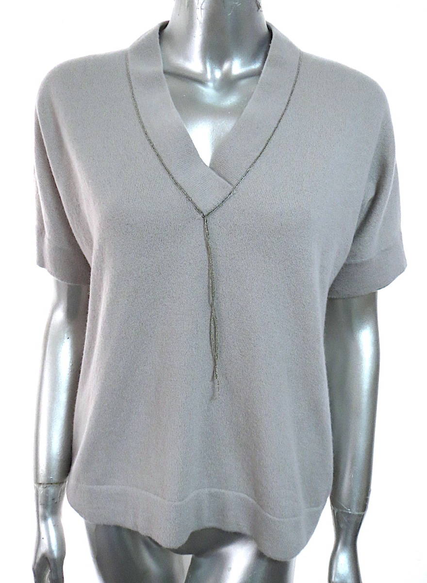 二点落札 Y048 YAMA CASHMERE ヤマ カシミヤ ニット 半袖 トップス レディース L グレー セーター Vネック(Lサイズ ...