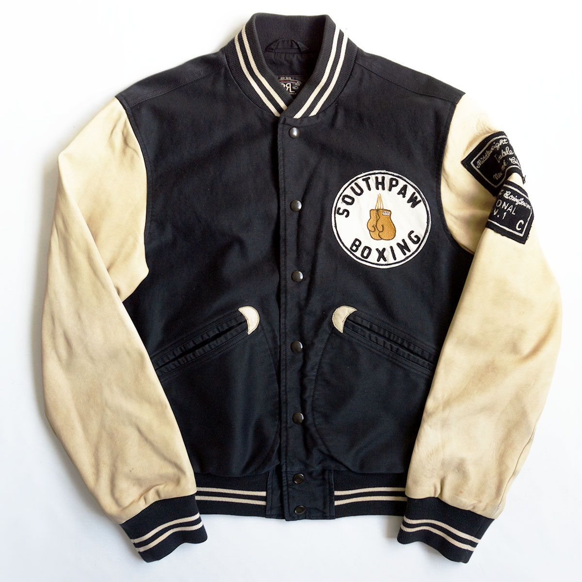 モデル RRL SOUTHPAW BOXING VARSITY JACKET S 袖レザー スタジャン ジャケット ラルフローレン ...
