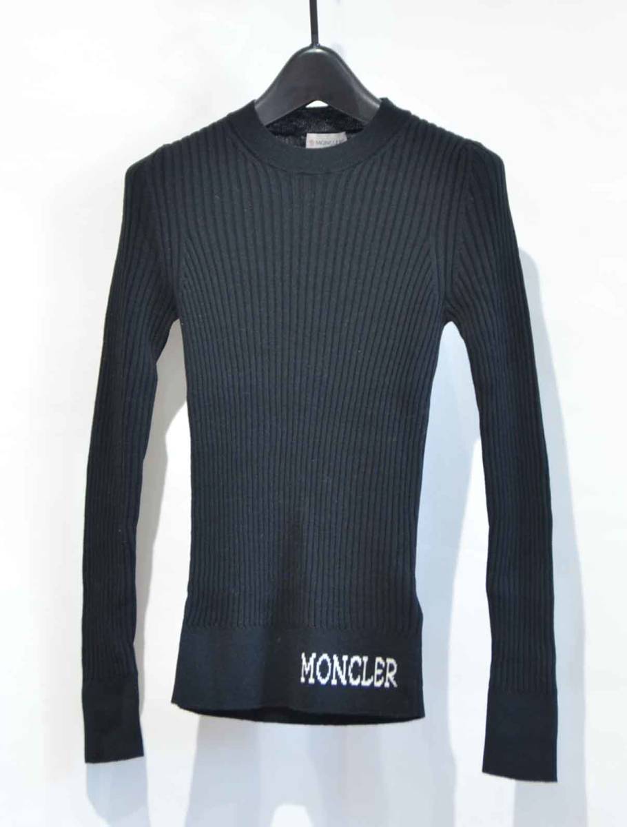 国内正規 MONCLER モンクレール GIROCOLLO TRICOT 裾ロゴ クルーネック リブ ニット 長袖 トップス ブラック XS ...