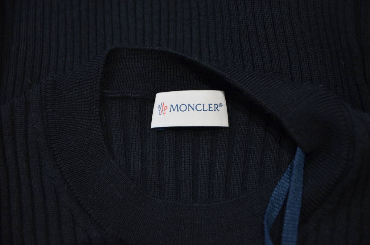 国内正規 MONCLER モンクレール GIROCOLLO TRICOT 裾ロゴ クルーネック リブ ニット 長袖 トップス ブラック XS ...