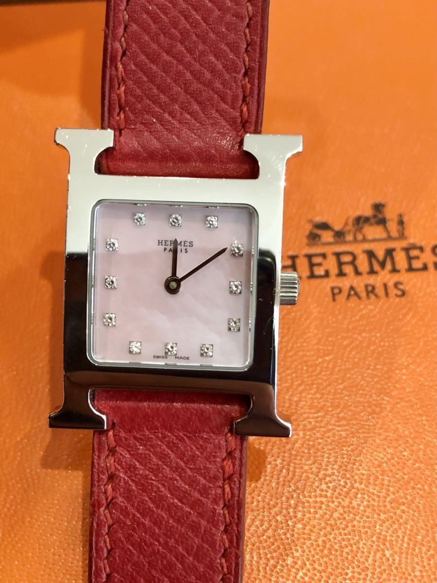 HERMES エルメス Hウォッチ HH1.210 ダイヤ ピンクシェル文字盤 12P ダイヤモンド レディース腕時計 クォーツ(Hウォッチ ...