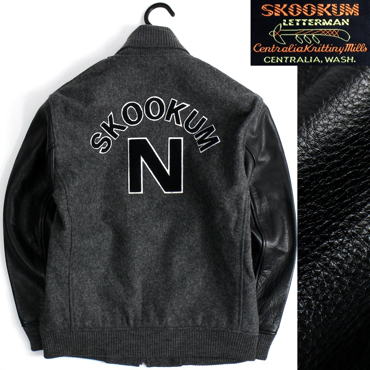 定価2.5万 SKOOKUM スクーカム レザー ウール スタジャン 48 L 牛革 スタジアムジャンパー ジャケット ダブルジップ ...