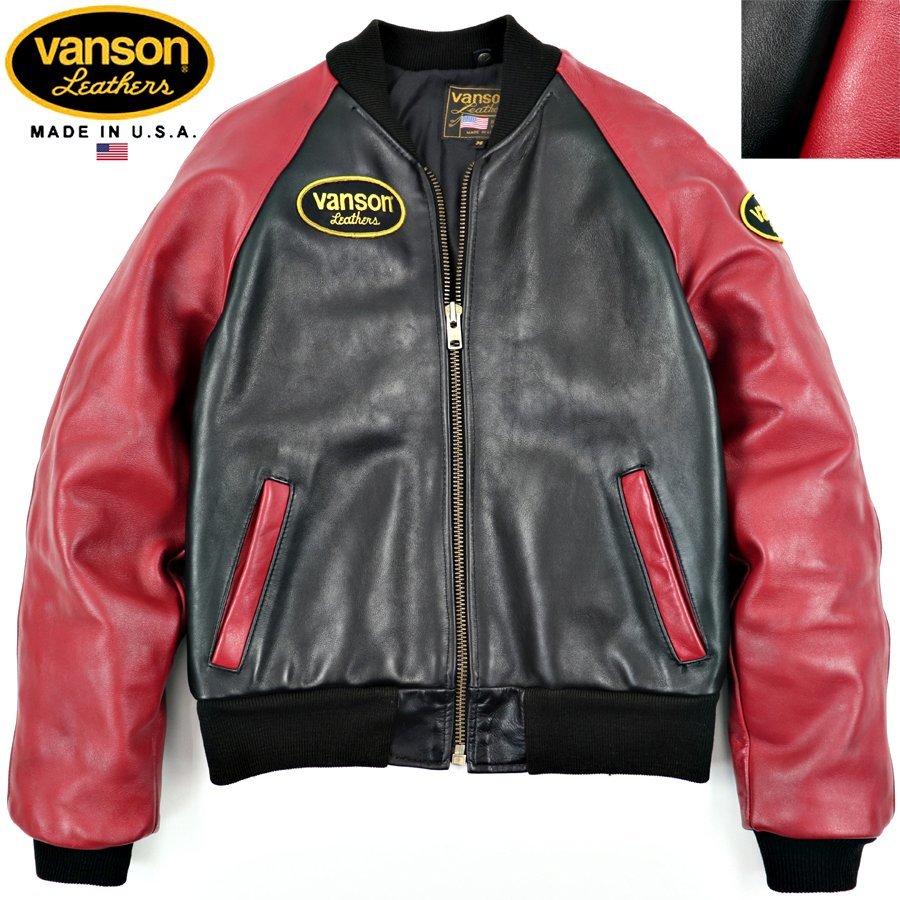 相場価格￥132 000- USA アメリカ製 VANSON LEATHERS バンソンレザーズ 牛革 オールレザー スタジャン ブルゾン 黒x赤 36 JP:M-(ライダースジャケット ...