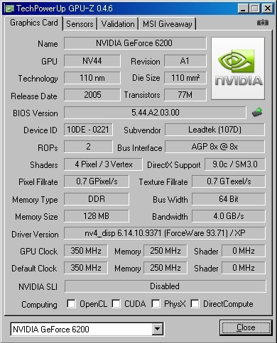 マルチディスプレイ AGPグラフィックボード LEADTEK WinFast A6200 TDH nVIDIA GeForce 6200 ...