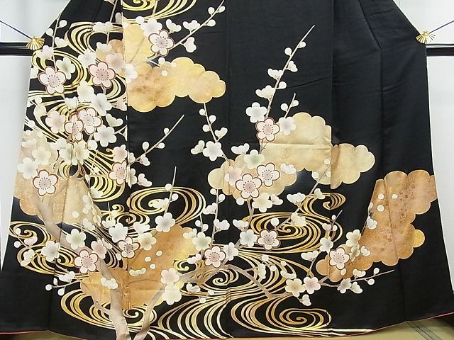 花美人□訪問着 駒刺繍 枝梅 観世水 黒地 金彩 逸品 eee1980 金彩