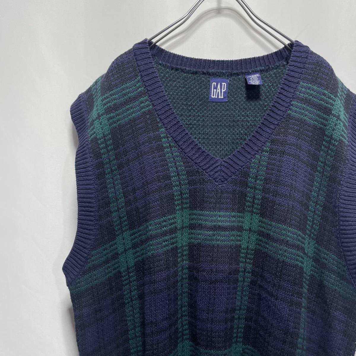 90's OLD GAP ニットベスト コットンニット チェック柄 ブラックワッチ オールドギャップ 古着 vintage ヴィンテージ サイズM ネイビー(セーター)｜売買されたオークション ...