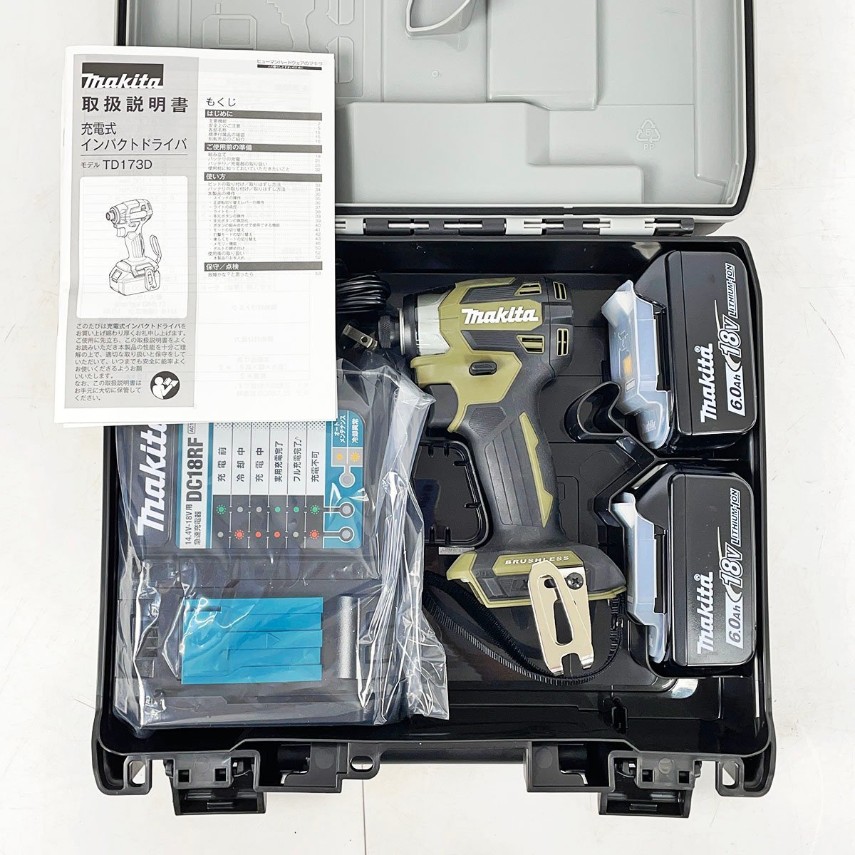 品 makita マキタ 充電式インパクトドライバ TD173DRGXO バッテリー2個 充電器 ケース付きセット 18V 6.0 オリーブ ...