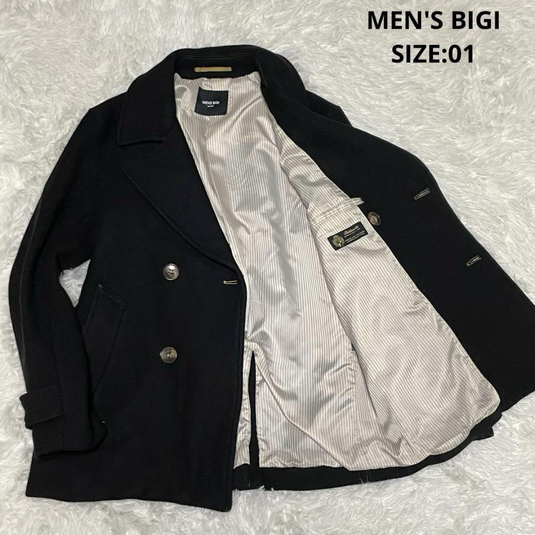 MEN'S BIGI メンズビギ イタリア BELLANDI べランディ 社生地使用 メルトンピーコート Pコート 裏地ストライプ サイズ01 ブラック 黒(Sサイズ)｜売買されたオークション ...