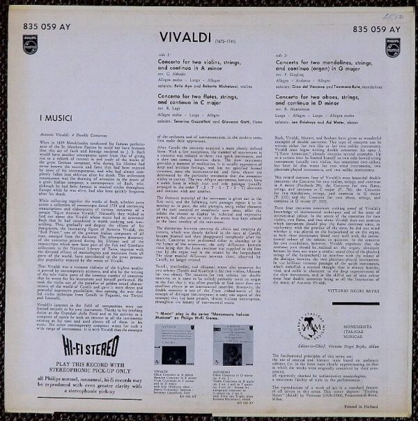 オランダPHILIPS 835 059 AY HI-FI STEREO ヴィヴァルディ 協奏曲集 アーヨ イ ムジチ Vivaldi I MUSICI AYO(協奏曲)｜売買されたオークション ...