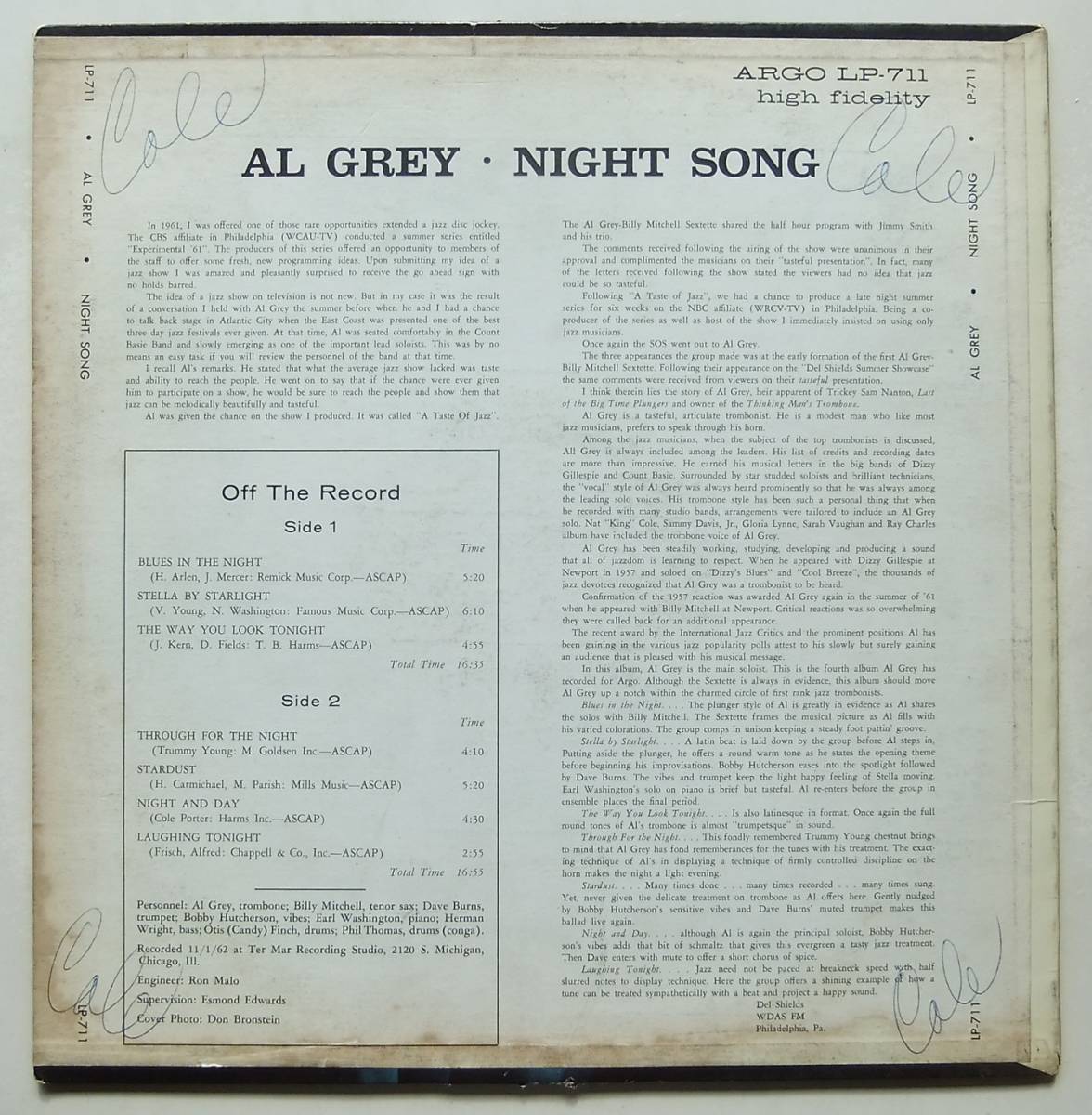 AL GREY with BILLY MITCHELL / Night Song Argo LP 711 gray:dg(ジャズ一般)｜売買さ ...