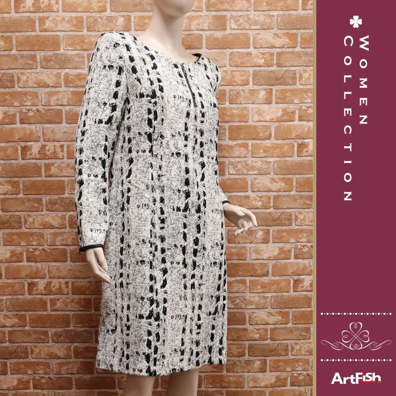 1円/秋冬/RODIKA ZANIAN/FR46サイズ/ジャカードワンピース フランス製 ハーフジップ インポート /アイボリー×ブラック ...