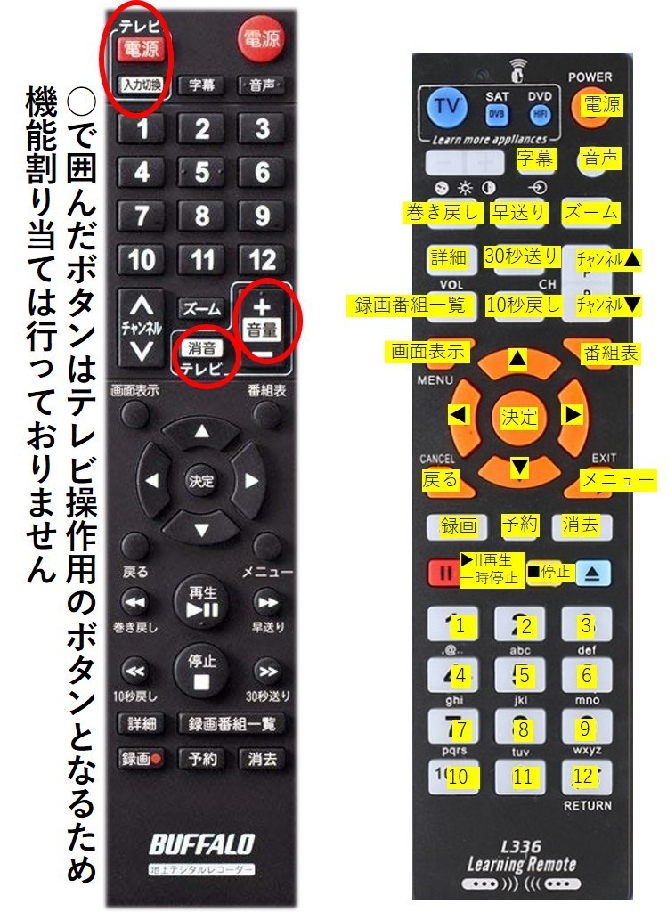 代替リモコンSY58 BUFFALO DTV-H500R DVR-1 互換 機能ラベル貼付済 バッファロー HDDレコーダー DVR-1C ...