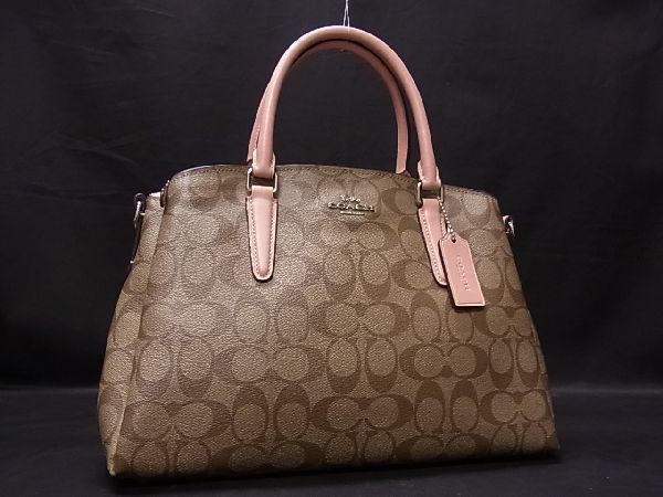 1円 COACH コーチ F29683 シグネチャー PVC×レザー シルバー金具 ハンドバッグ トートバッグ 手提げかばん ブラウン系 ...