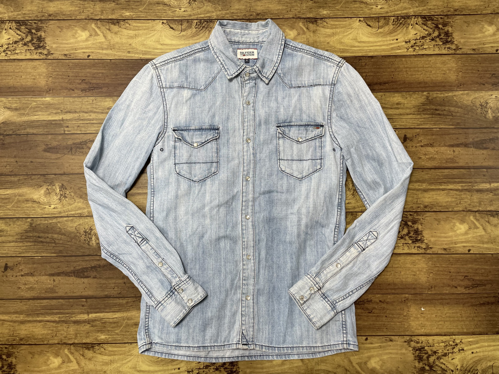 衝撃 正規品ビンテージベーシック王道刺繍ロゴデザイン TOMMY HILFIGER オリジナル高級クラシックデニムシャツ インディゴ/S/E49(トミーヒルフィガー)｜売買されたオークション ...