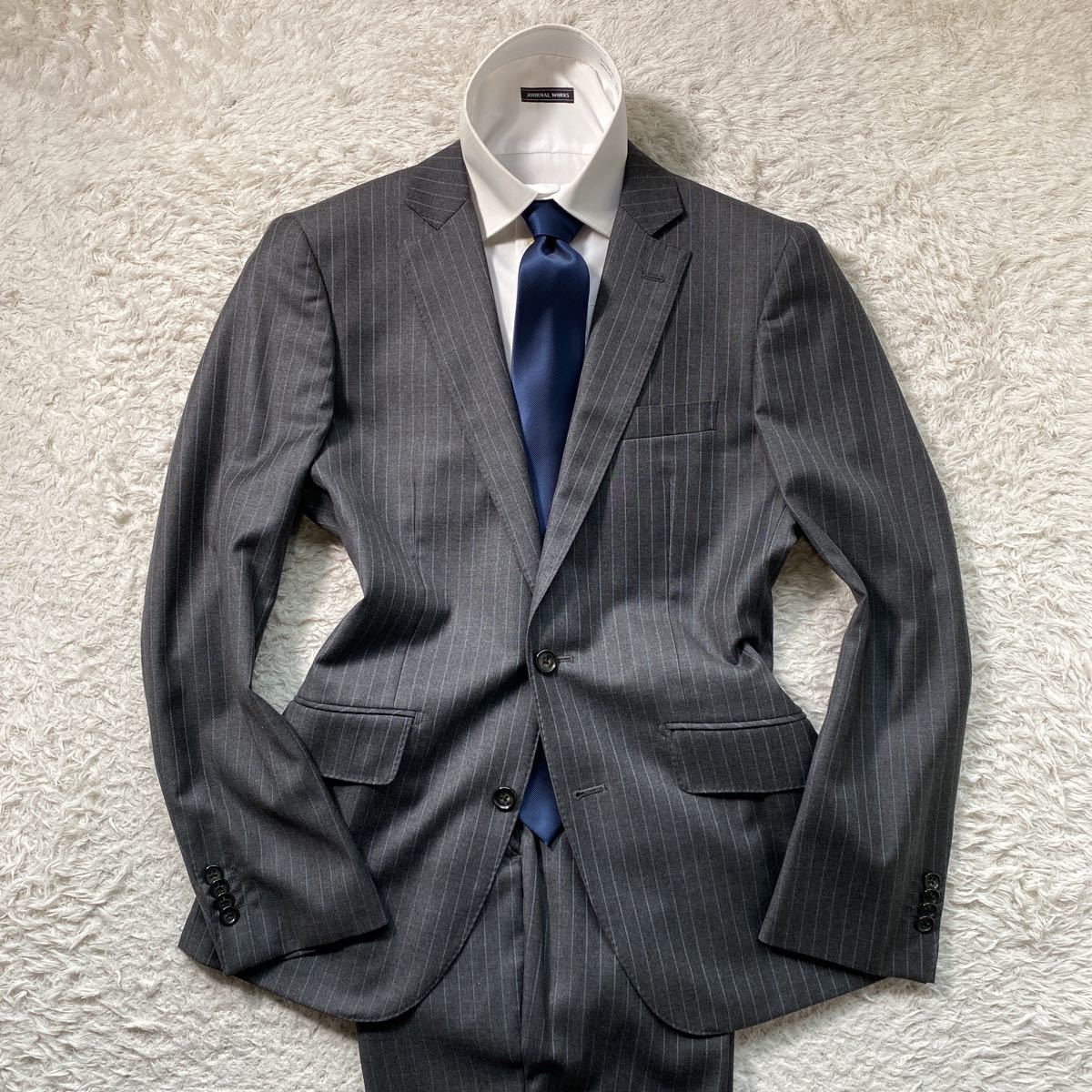 Loro Piana ロロピアーナ FOUR SEASONS SUPER 120's 裏地玉虫色 2B シングルスーツ グレー ストライプ(L ...