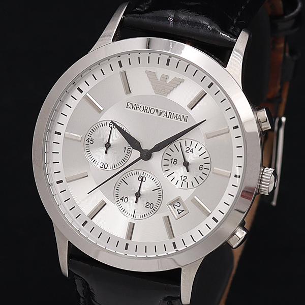 1円 稼働 良品 エンポリオアルマーニ クロノグラフ デイト AR-2432 シルバー文字盤 QZ メンズ腕時計 A0226049(アルマーニ ...