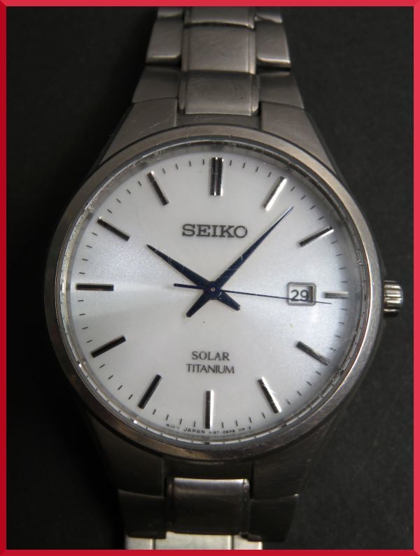 セイコー SEIKO ソーラー SOLAR 3針 デイト チタン 純正ベルト V157-0BB0 男性用 メンズ 腕時計 T281 稼働品 ...