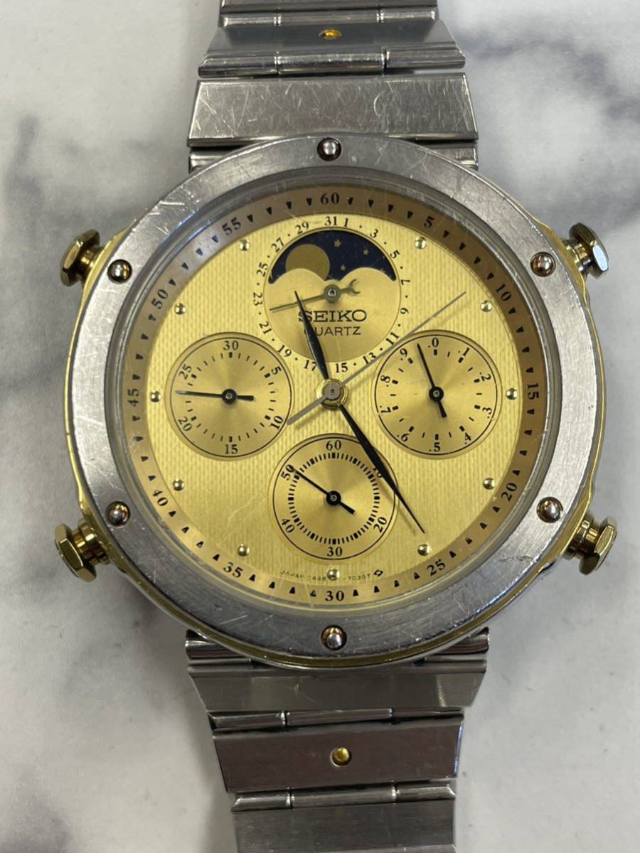 1.動作未確認 SEIKO セイコー 7A48-7010 ムーンフェイス クロノグラフ 純正ベルト クォーツ QZ メンズ 腕時計//HA40 ...