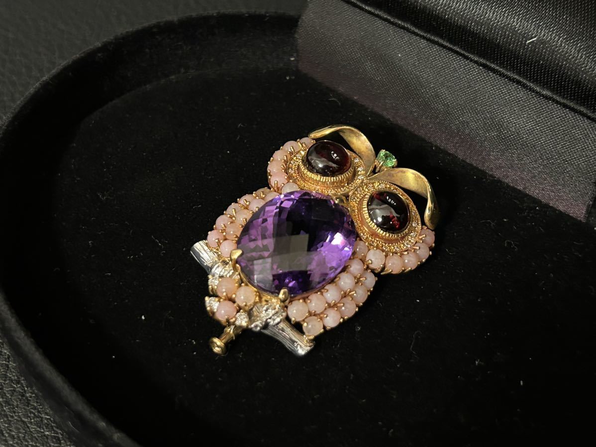 クームス アンド カンパニー K18/WG フクロウペンダントブローチ アメジスト19.79ct/ガーネット/ダイヤ/ピンクオパール 20.6g 雨宮昇太(ホワイトゴールド)｜売買された ...