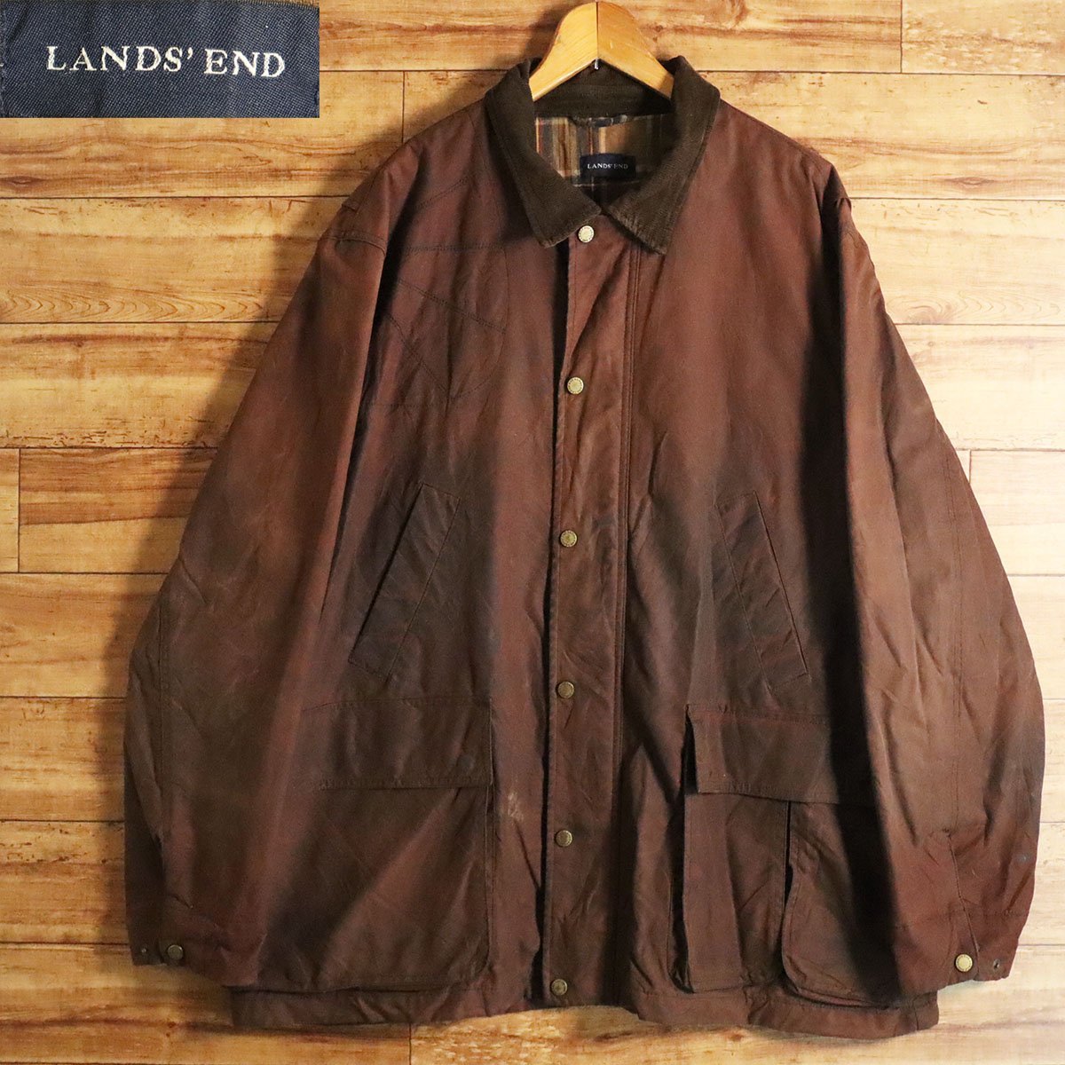 J6J/Y5.19-2 LANDS' END ランズエンド オイルドジャケット ハンティングジャケット 裏チェック XXL ビッグサイズ ...