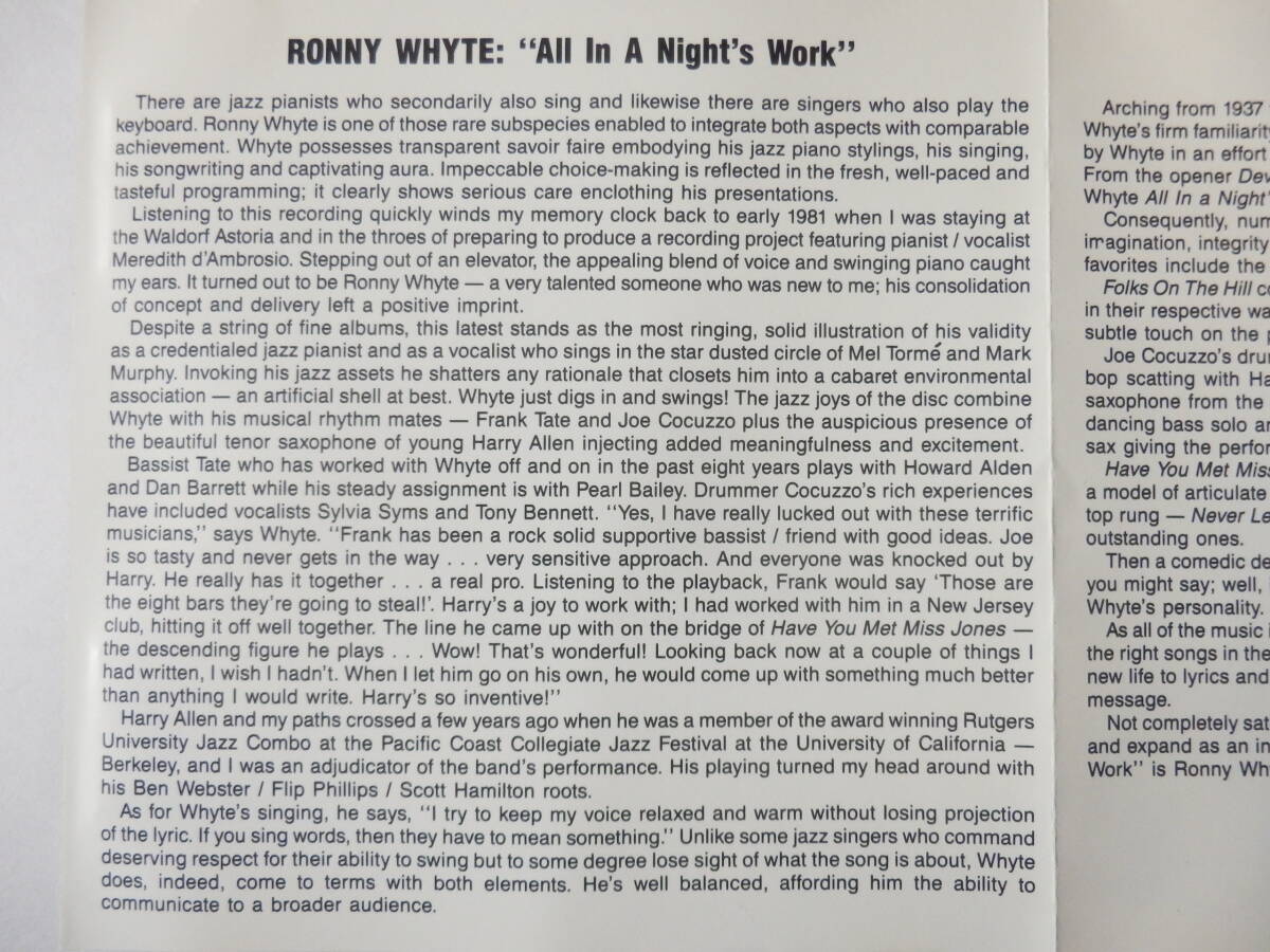 CD/US:ジャズ-piano & singer/ロニー.ホワイト/Ronny Whyte- All In A Nights Work ...