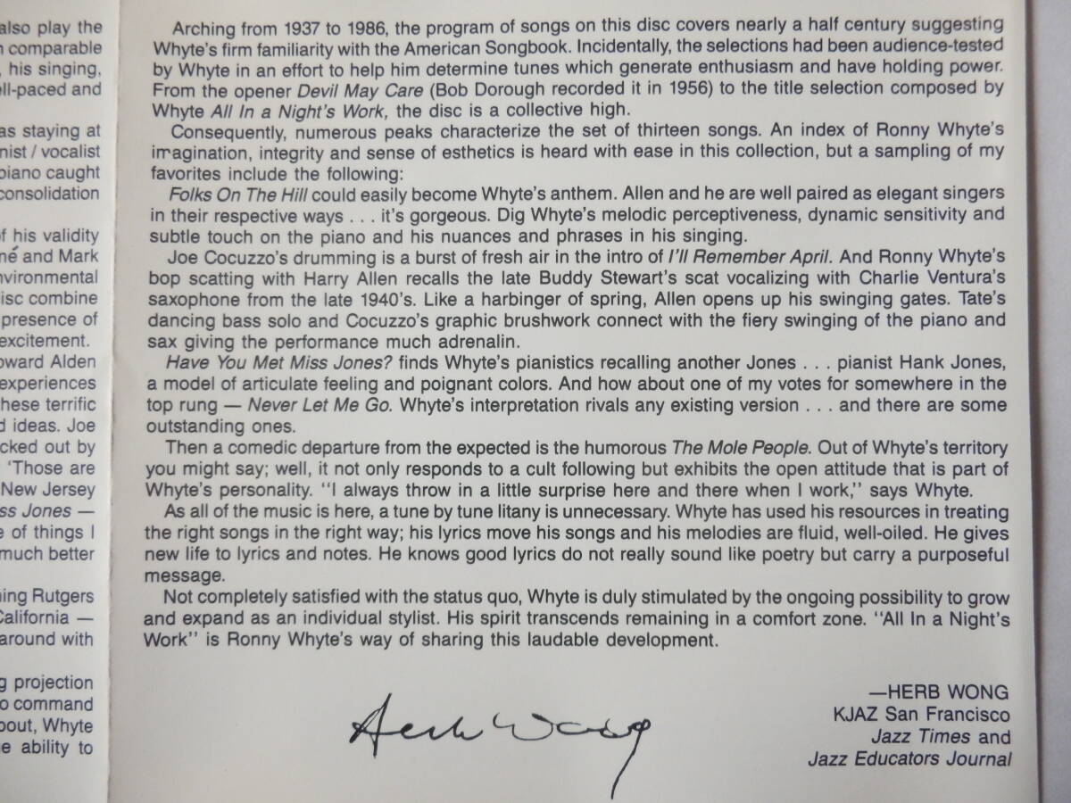 CD/US:ジャズ-piano & singer/ロニー.ホワイト/Ronny Whyte- All In A Nights Work ...