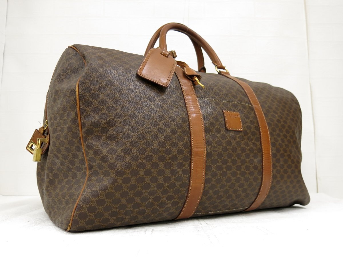 CELINE セリーヌ マカダム PVC カーフ レザー 本革 ボストン バッグ ブラウン系 ゴールド金具 ロゴ型押し 旅行用 A4616 ...