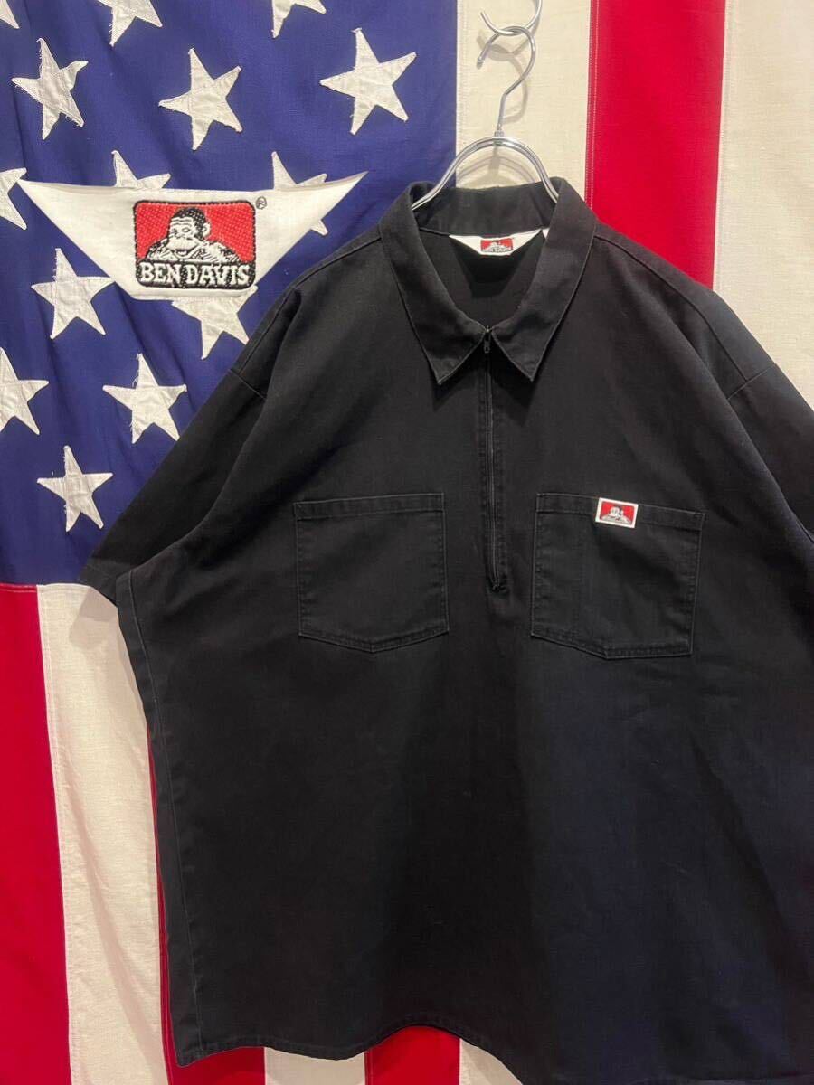 90s USA製 TALON BEN DAVIS ベンデイビス ワークシャツ ハーフジップ 半袖 ツイル ブラック 黒 2XLサイズ ...