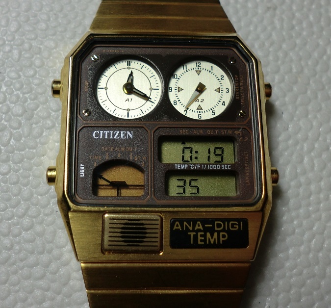 お宝 シチズン デジアナテンプ 8988 動作良好 金色 ゴールドカラー メタルバンド 気温計測可能 CITIZEN DIGIANA TEMP ...