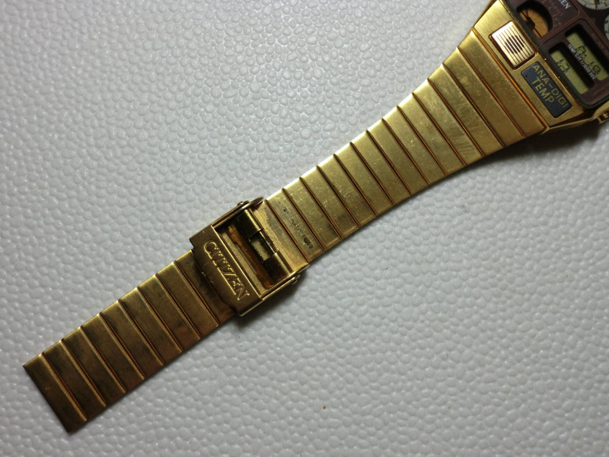 お宝 シチズン デジアナテンプ 8988 動作良好 金色 ゴールドカラー メタルバンド 気温計測可能 CITIZEN DIGIANA TEMP ...