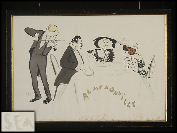 DN580 風刺画家 ジョルジュ グルサ/SEM/セム パリ フランス リトグラフ ARMENONVILLE 額装 アンティーク(石版画 ...