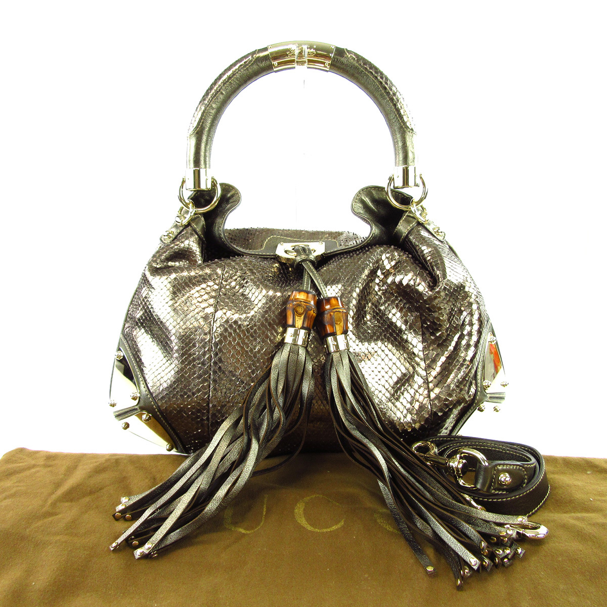 GUCCI グッチ バンブー パイソン インディ タッセル 2way トート ハンド バッグ 保存袋 177139 イタリア製 ブラックシルバー系 北TK2(バンブーライン)｜売買された ...