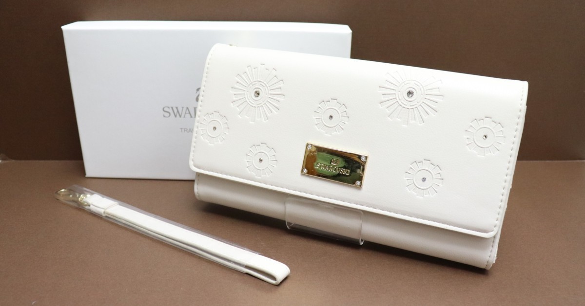 76YA SWAROVSKI スワロフスキー TRAVEL WALLET トラベルウォレット 財布 ポーチ ケース ホワイト クリスタル ...