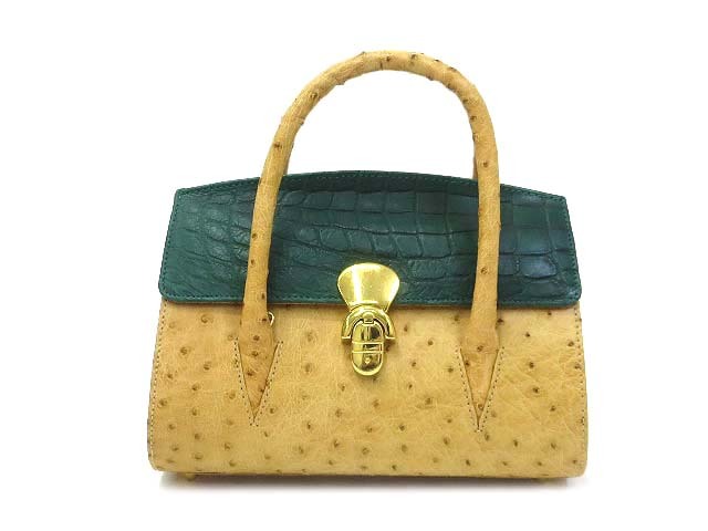 AL MINI LUCIANO アンドレルチアーノ エキゾチック レザー クロコダイル オーストリッチ ハンド バッグ ブラウン グリーン ...