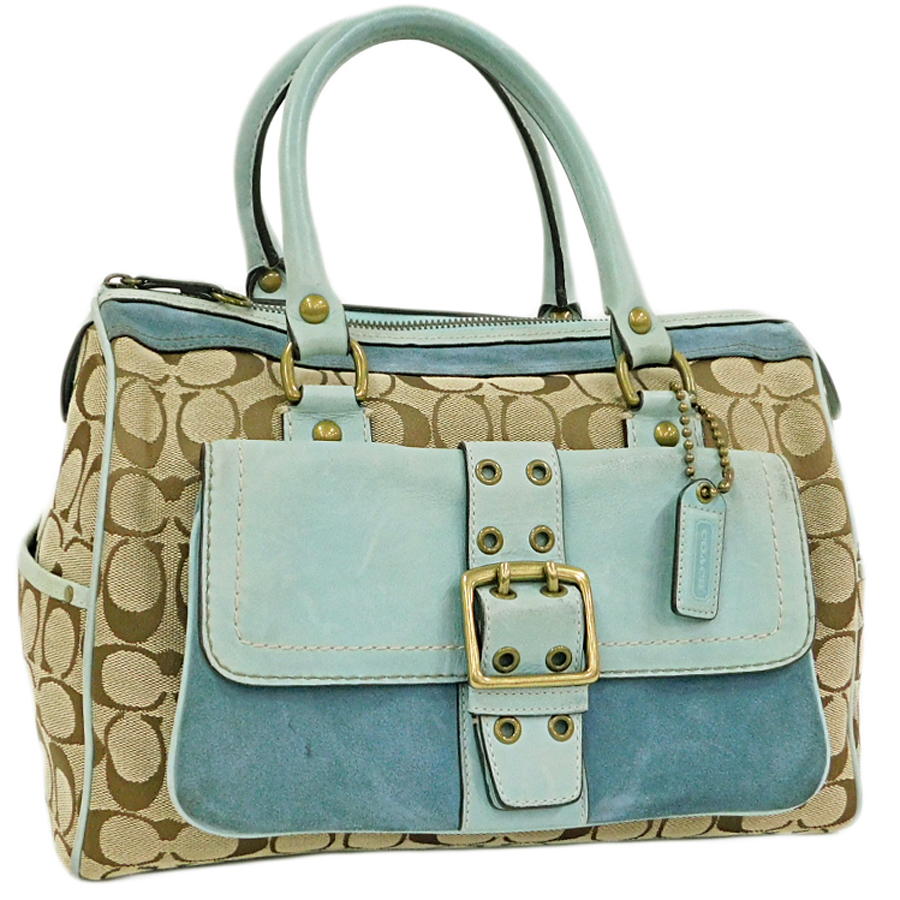 1円 コーチ ハンドバッグ 7064 キャンバスxレザーxスエード ベージュ系xブルー系 お買い物 通勤 通学 COACH Bsgi ...