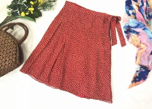 d524 ジルスチュアート JILLSTUART ハート ドット シルク100％ サイドリボン フレアー スカート レッド レディース ボトムス 赤 膝丈(フレアースカート、ギャザースカート ...