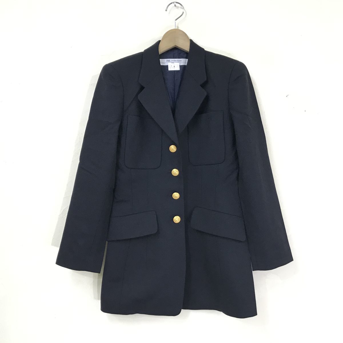 K478-N 品 JAL 客室乗務員 CA 8代目 制服 セットアップ ジャケット スカート 金ボタン 4B 刻印 size5 濃紺 ウール ...