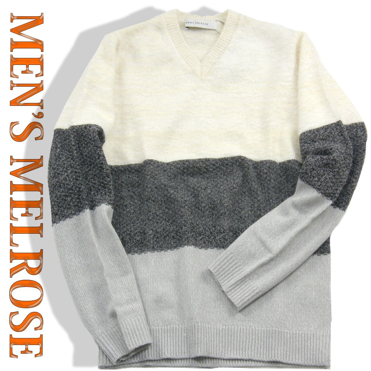 MEN'S MELROSE 極上の柔らかさ フェザーヤーン トリプルブロッキング ニット Vネック M 秋冬 ホワイト 341377 ...