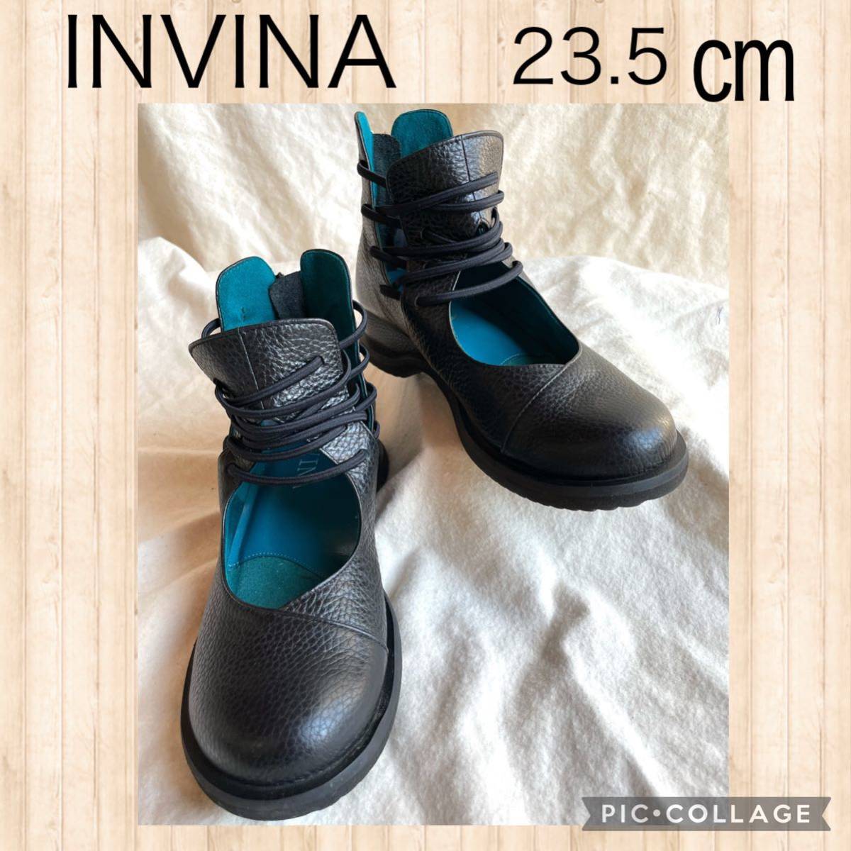 INVINA インビナ 日本製 バックファスナーショートブーツ 23.5㎝ ブラック 個性的 本革 歩きやすい 低反発インソール(23.5cm ...