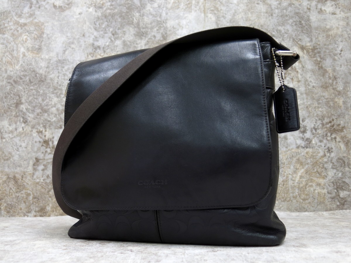 COACH コーチ メンズ シグネチャー F28577 PVC カーフ レザー 本革 ショルダー バッグ 黒 シルバー金具 ヴィンテージ ...