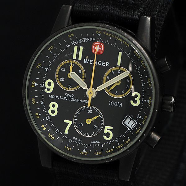 1円 稼働 QZ 良品 ウェンガー マウンテンコマンド 100M 7072X 黒文字盤 デイト クロノグラフ 12PRY メンズ腕時計 KRK ...