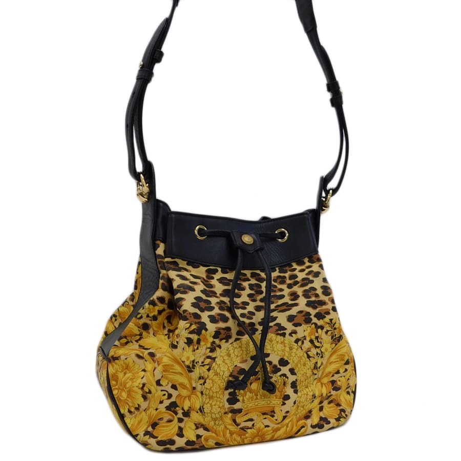 1円 ヴェルサーチ 巾着ショルダーバッグ イエロー×ブラック系 PVC×レザー GIANNI VERSACE E.Blli.bO-23(かばん ...