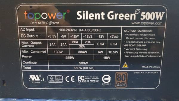 topower Silent Green TOP-500D-B 500W 120mmファン 80Plus Bronze認証 ATX電源 ...