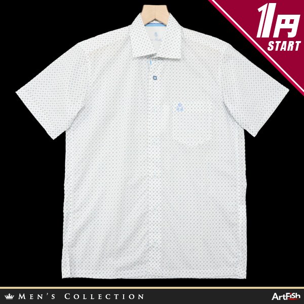 1円 ゲラン 日本製 定価2.1万円 ホワイト×ブルー系 綿100％ スクエア柄プリント 半袖シャツ a1077 s50(XLサイズ以上 ...