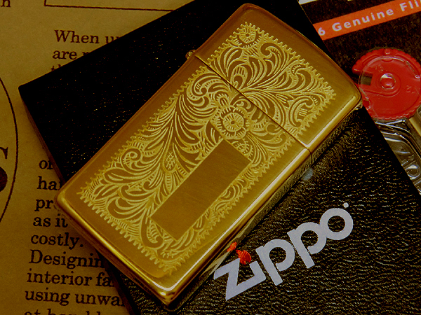 真鍮 1998 SOLID BRASS Slim Zippo ♯1652B - Venetian ベネチアン 両面唐草彫柄 スリム 訳あり 1 ...