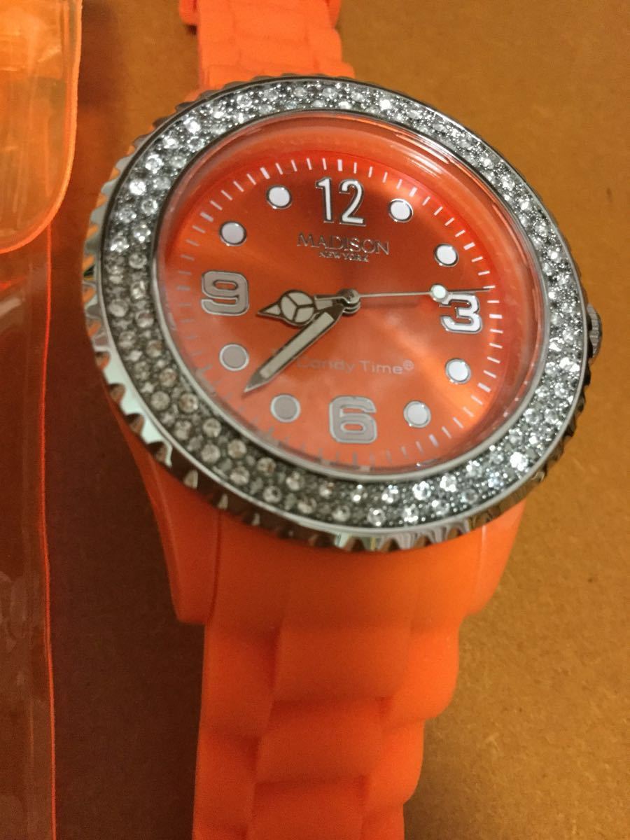 キャンディタイム 腕時計 MADISON NEW YORK Candy Time オレンジ ラインストーン ケース付き ウォッチ(レディース ...