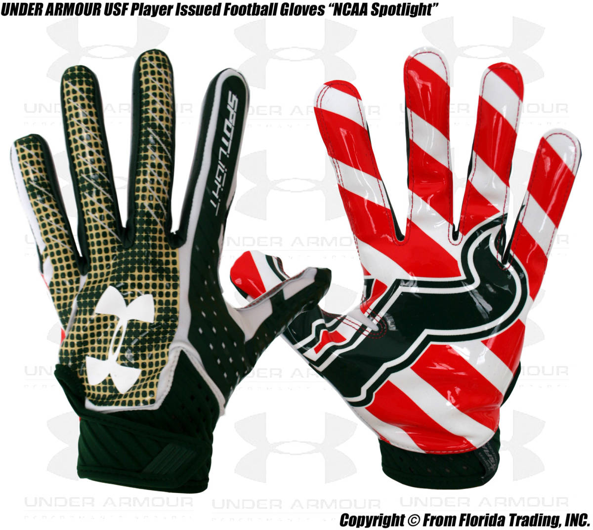 アンダーアーマー USF/南フロリダ大学 選手配布用フットボールグローブ NCAA Spotlight L 緑/金 掌USA柄 1309905 ...