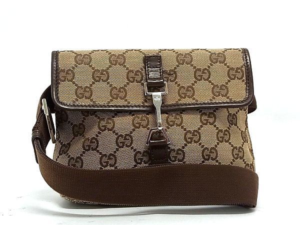 1円 GUCCI グッチ 92543 GGキャンバス×レザー ボディバッグ ウエストバッグ ウエストポーチ ベージュ×ブラウン系 ...